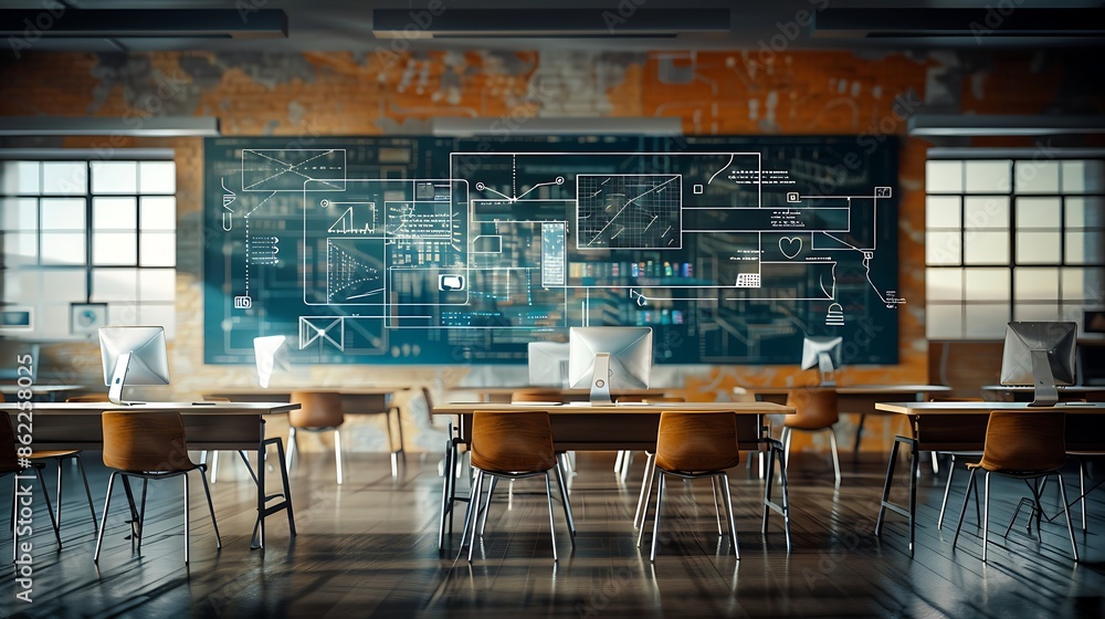 An empty classroom with desks and chairs, digital illustration of ...