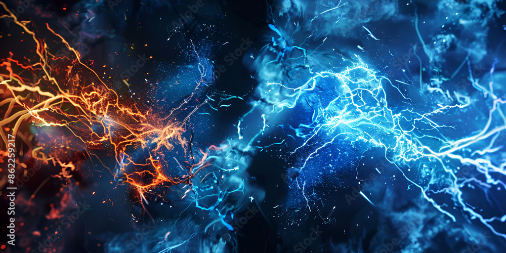 Blue vs yellow lightning thunder bolt explosion Glowing electric shock ...