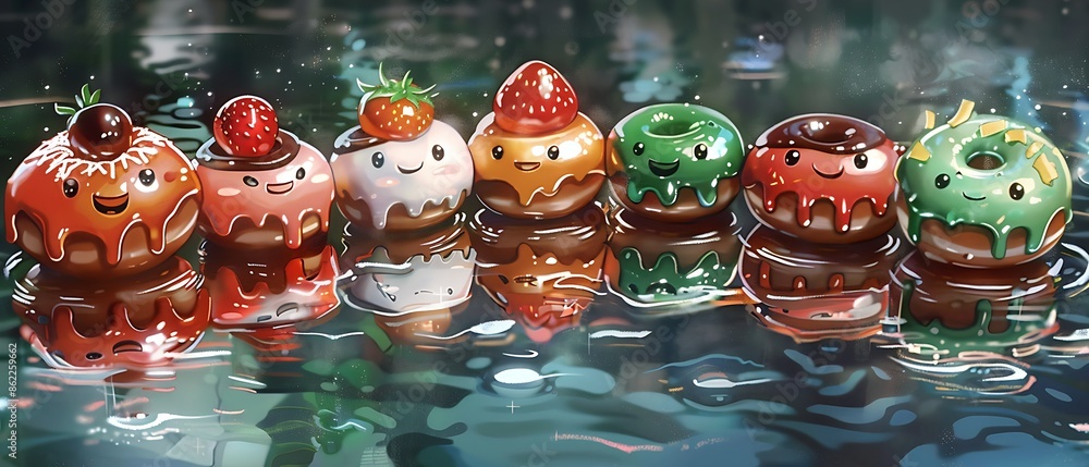 whimsical animated donuts with faces, various toppings, reflective ...