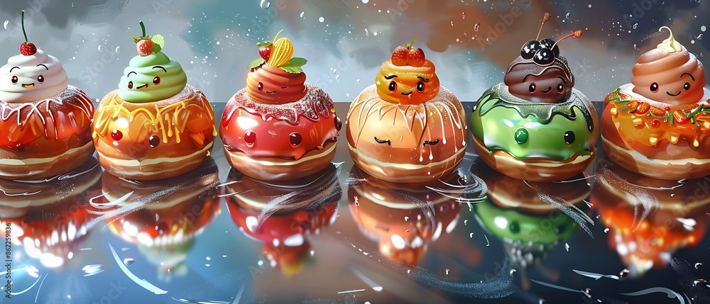 whimsical animated donuts with faces, various toppings, reflective ...