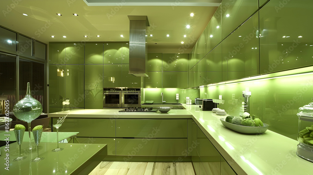 Contemporary green kitchen design with minimalist aesthetics, glossy ...