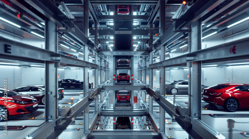 The futuristic automated parking system, symbolizing innovation, urban ...