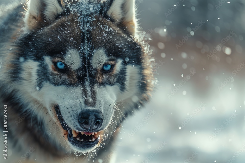 An aggressive Siberian Husky with a piercing stare, in a commanding ...
