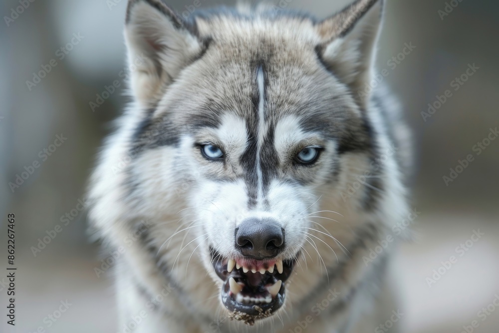 An aggressive Siberian Husky with a piercing stare, in a commanding ...