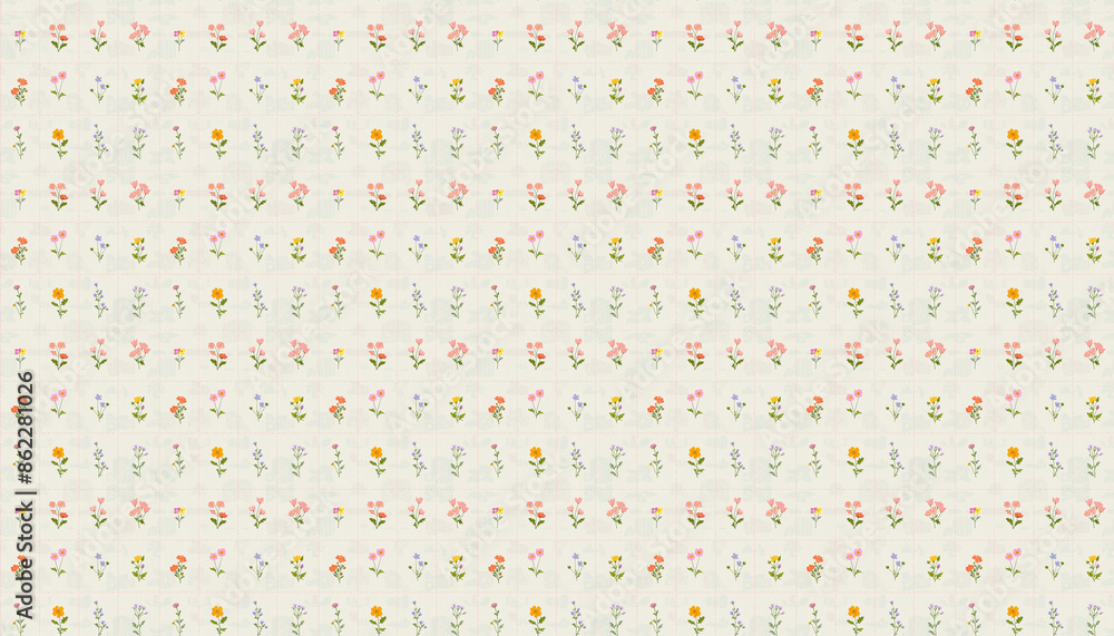 A pattern that features small flowers in grids in pastel colors on ...