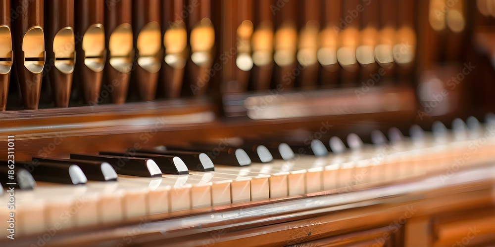 Detailed image of ornate pipe organ with keys and pipes for music ...