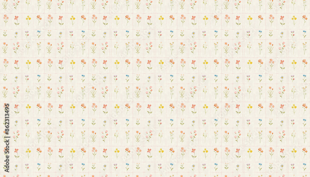 A pattern that features small flowers in grids in soft colors on white ...