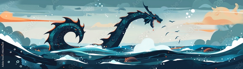 Sea monster flat design side view theme ocean water color Complementary ...