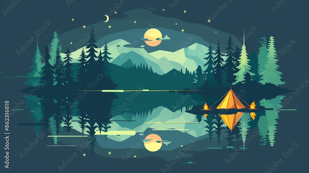 Forest camping flat design side view theme adventure water color ...