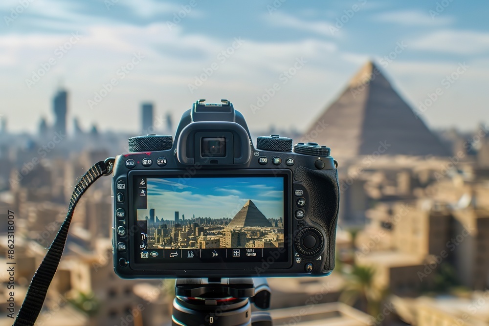 A digital DSLR camera on a tripod Photographing The red north pyramid ...
