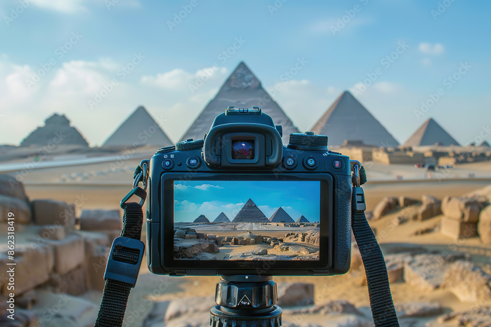 A digital DSLR camera on a tripod Photographing The red north pyramid ...