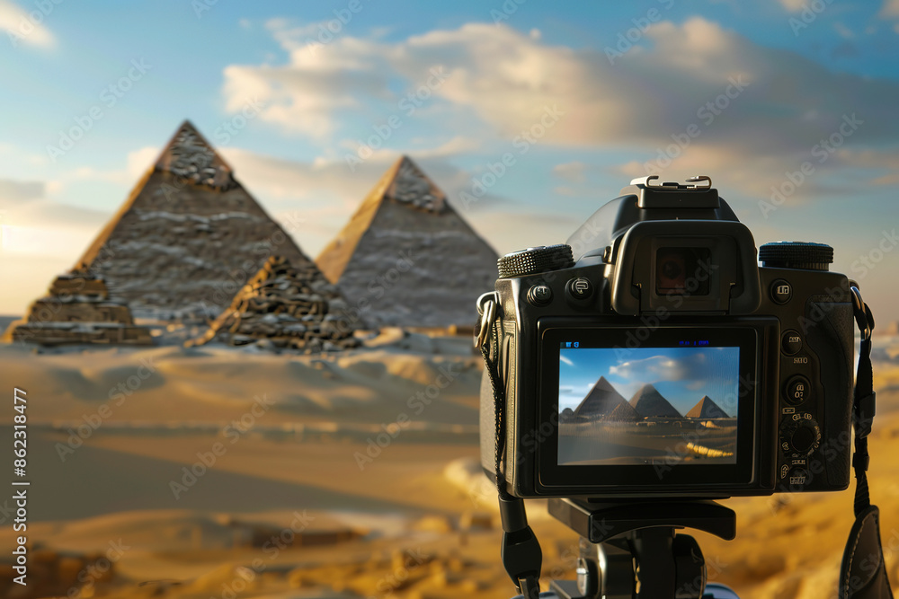 A digital DSLR camera on a tripod Photographing The red north pyramid ...