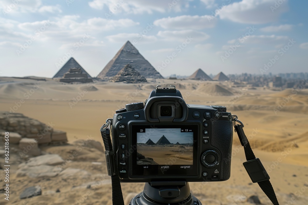 A digital DSLR camera on a tripod Photographing The red north pyramid ...