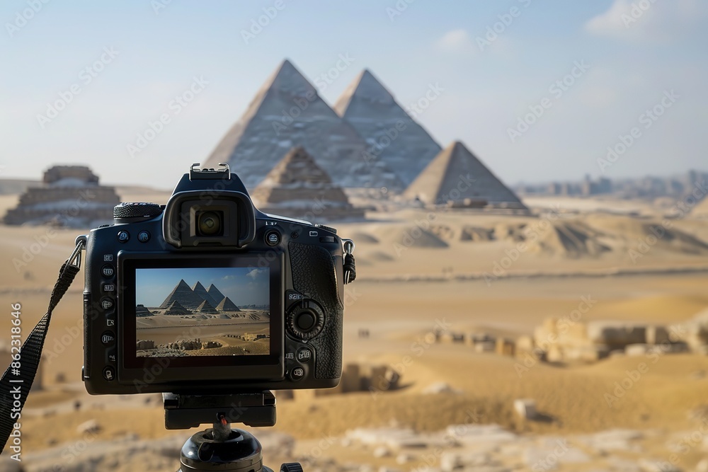 A digital DSLR camera on a tripod Photographing The red north pyramid ...