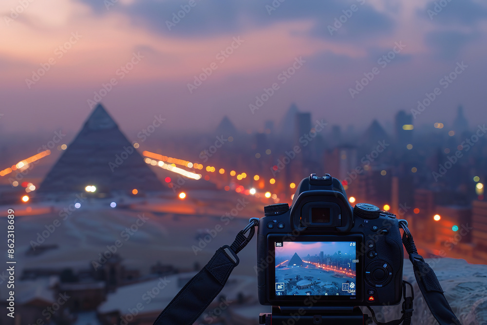 A digital DSLR camera on a tripod Photographing The red north pyramid ...
