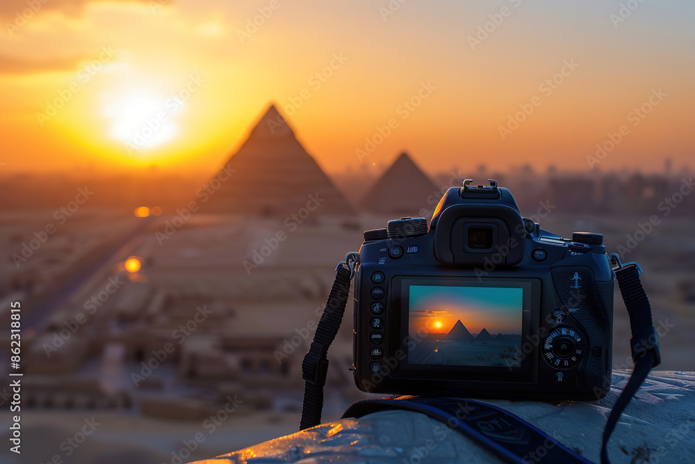 A digital DSLR camera on a tripod Photographing The red north pyramid ...