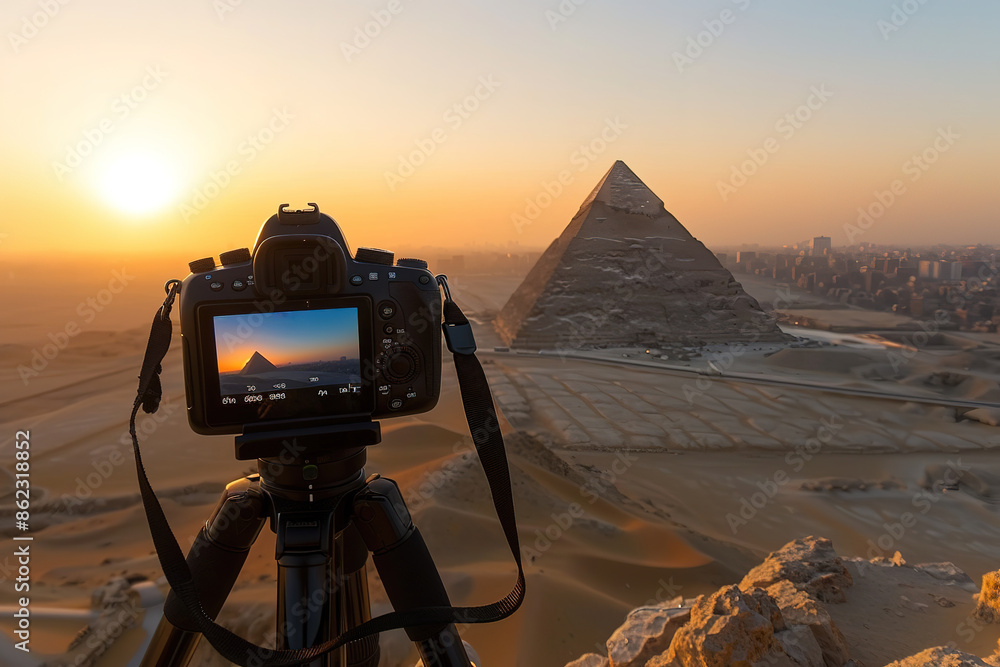 A digital DSLR camera on a tripod Photographing The red north pyramid ...