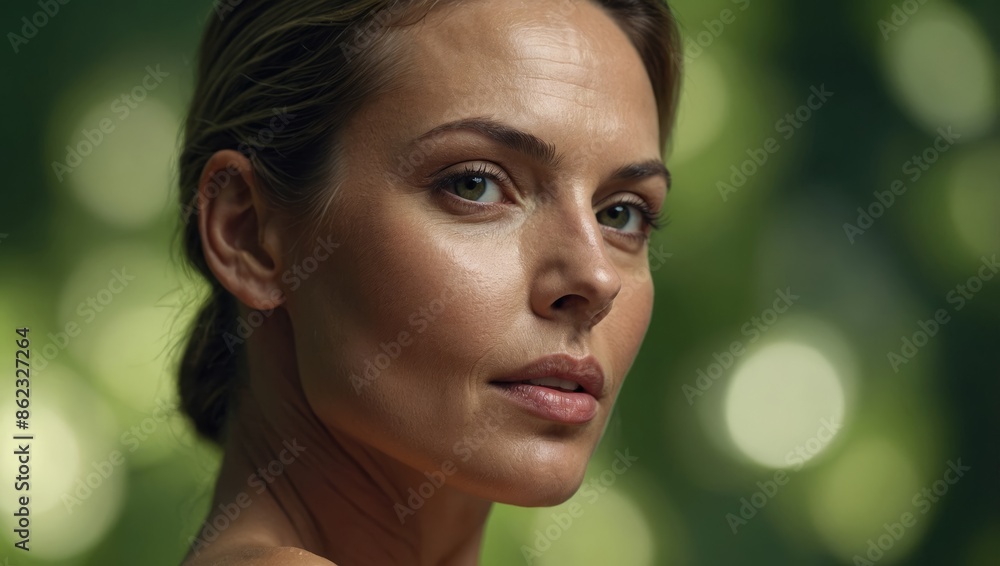 Beautiful female model, 40s years old, has perfect shiny, glowing body ...