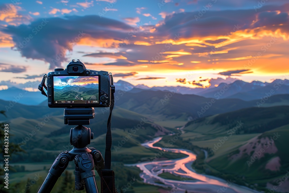 Camera capturing sunset shot. Photography using on tripod against sun ...