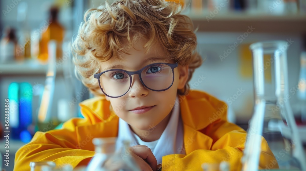 Curious Young Scientist in Lab - A young boy wearing a lab coat and ...