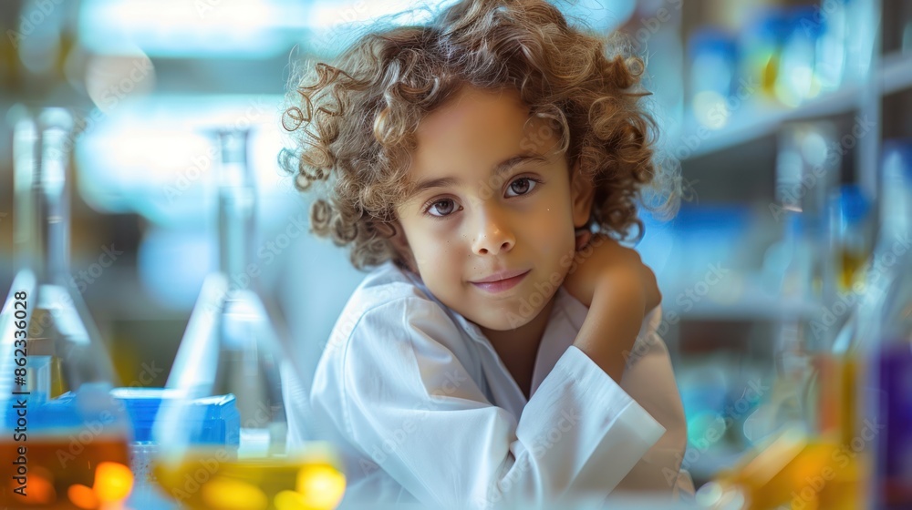 Curious Young Scientist in Lab - A young boy wearing a lab coat and ...