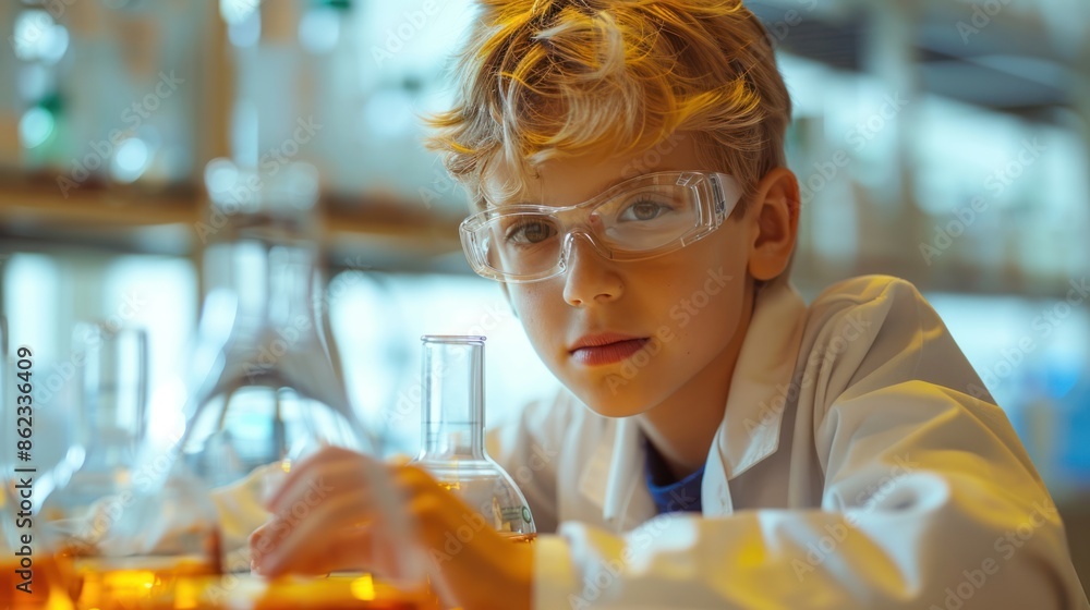 Curious Young Scientist in Lab - A young boy wearing a lab coat and ...