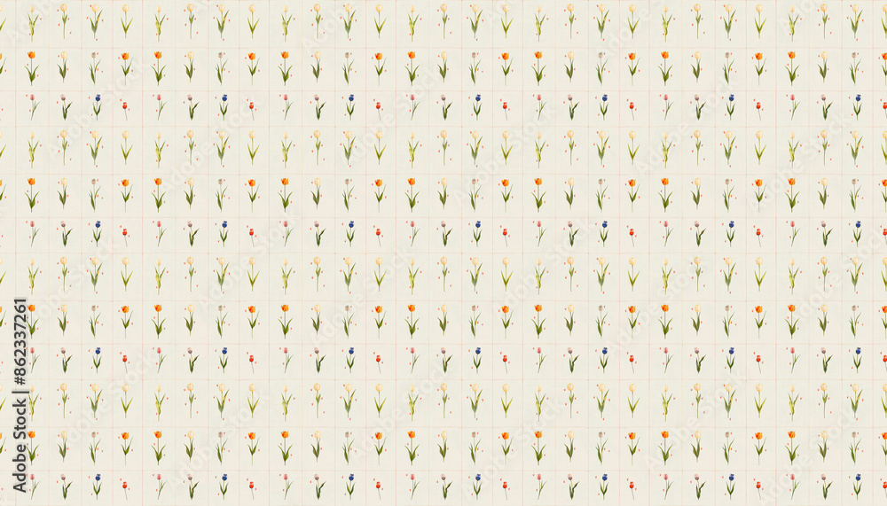 A pattern that features small flower in grid in pastel colors on white ...