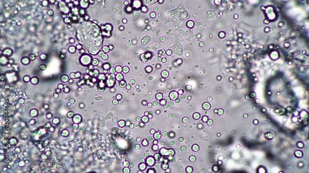 A close-up view of yeast cells under a microscope at 400x magnification ...