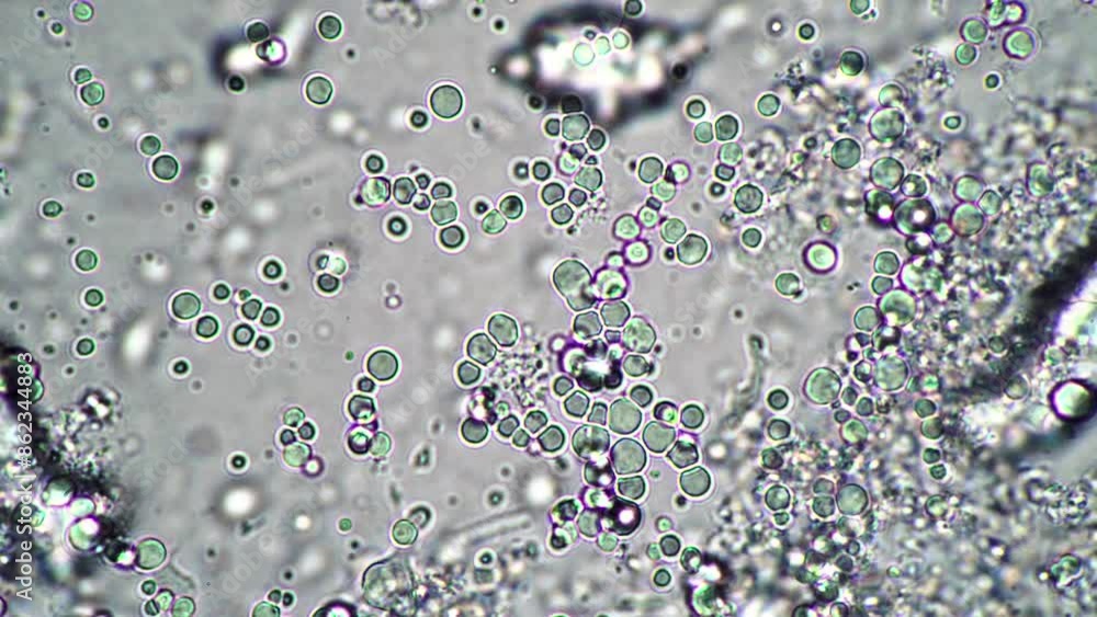 This video shows a microscopic view of yeast cells under a microscope ...