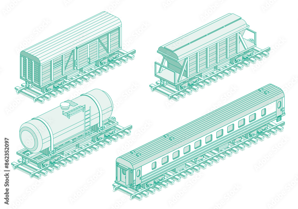 Isometric freight railroad, hopper car, railroad tank car and passenger ...