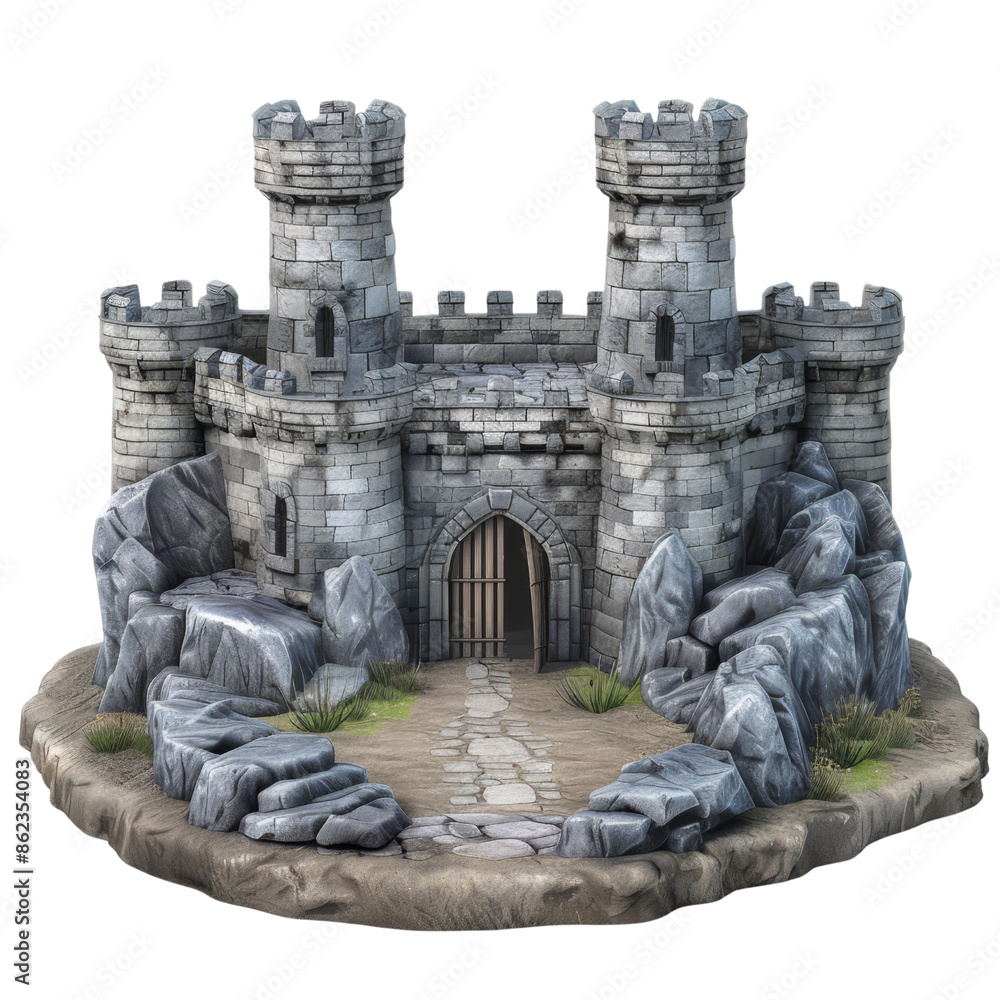 Medieval stone castle with turrets and drawbridge on transparent ...