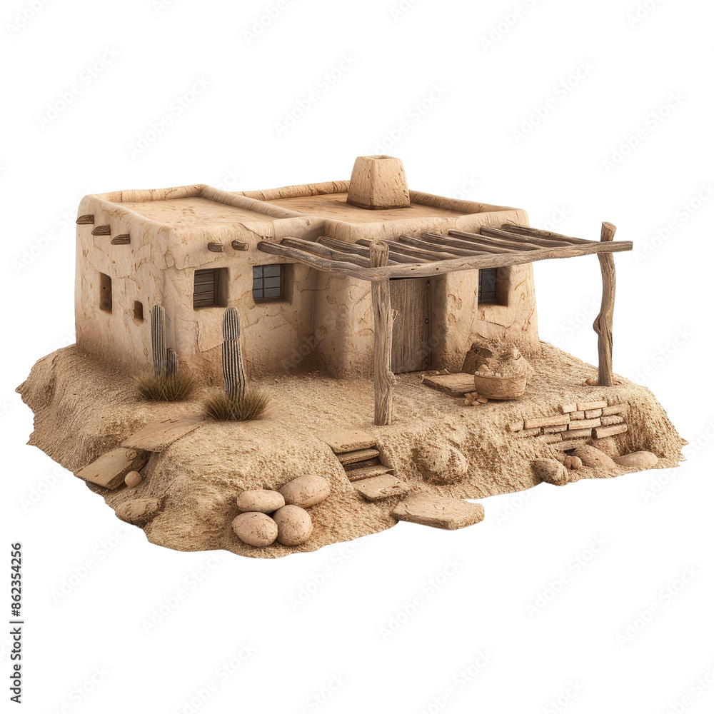 Rustic mud house with flat roof and wooden beams on transparent ...