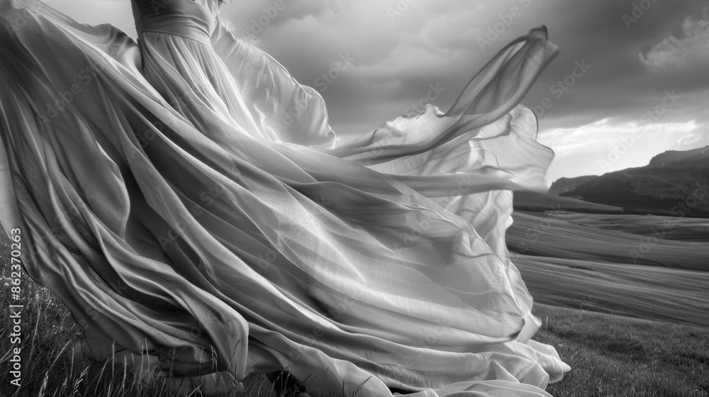 The fabric of a dress blows in the wind revealing a glimpse of the ...