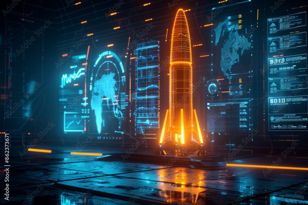Futuristic rocket ship in neon-lit control room with digital screens ...