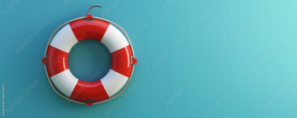 Red and white life preserver hanging on blue wall, symbolizing rescue ...