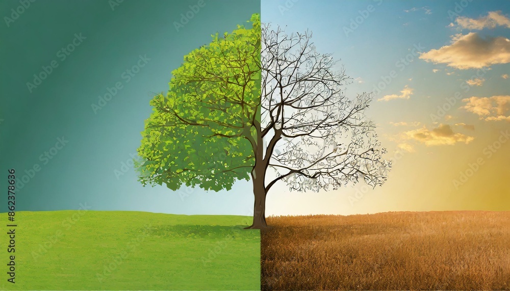 Foto de Half green half bare tree. Illustration of a tree that is half ...