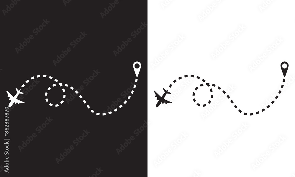 Airplane dotted route line set. Path travel line shapes. Flight route ...