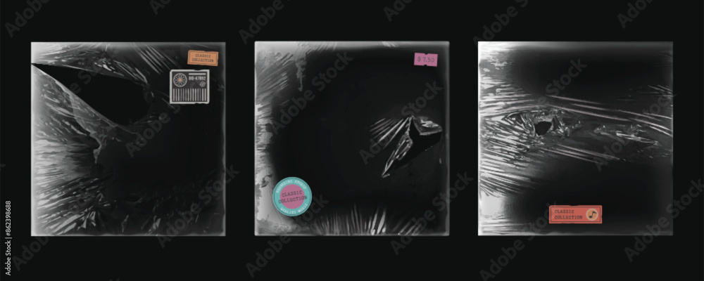 Torn vinyl cd album cover overlay for music record on black background ...