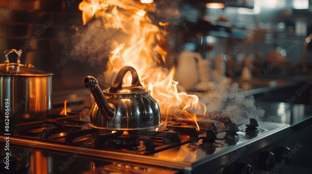 Kettle cooking over open flames in a sleek modern kitchen, raw style ...