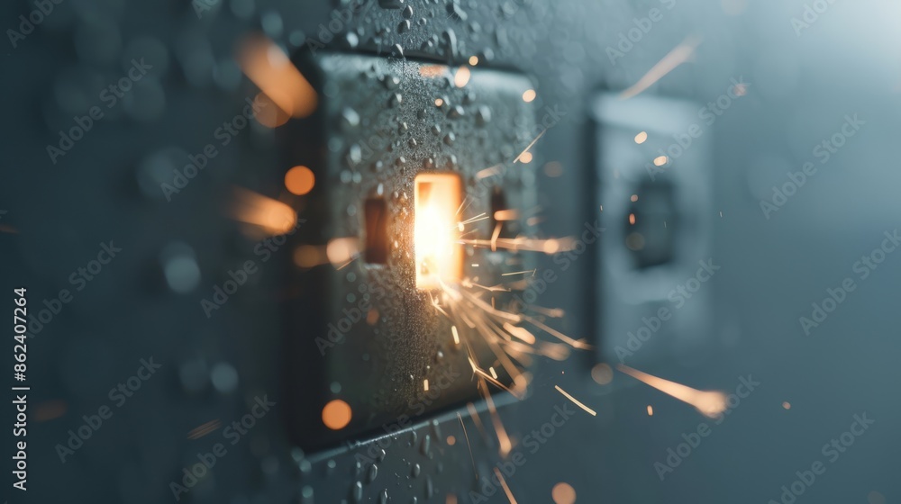 Close-up of a light switch sparking with water droplets, showcasing ...