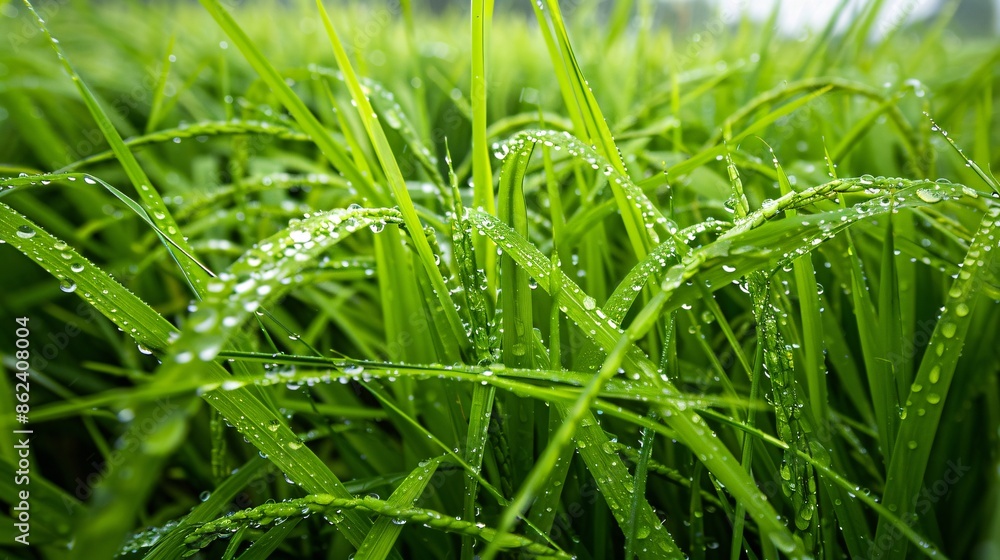 Macro view of fresh rain droplets falling on the vibrant green rice ...