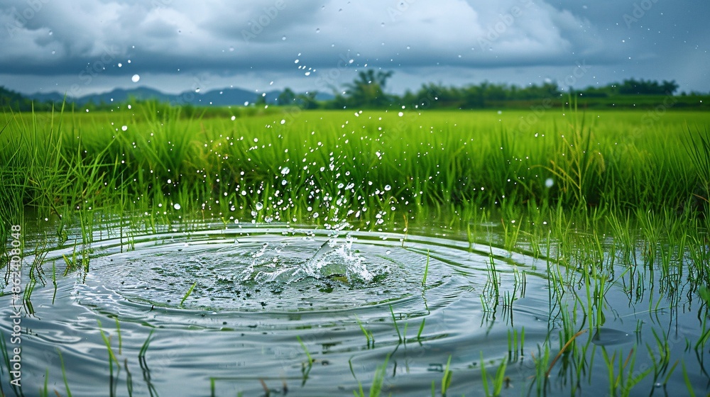 Rain droplets gently splashing onto vivid green rice paddies, creating ...