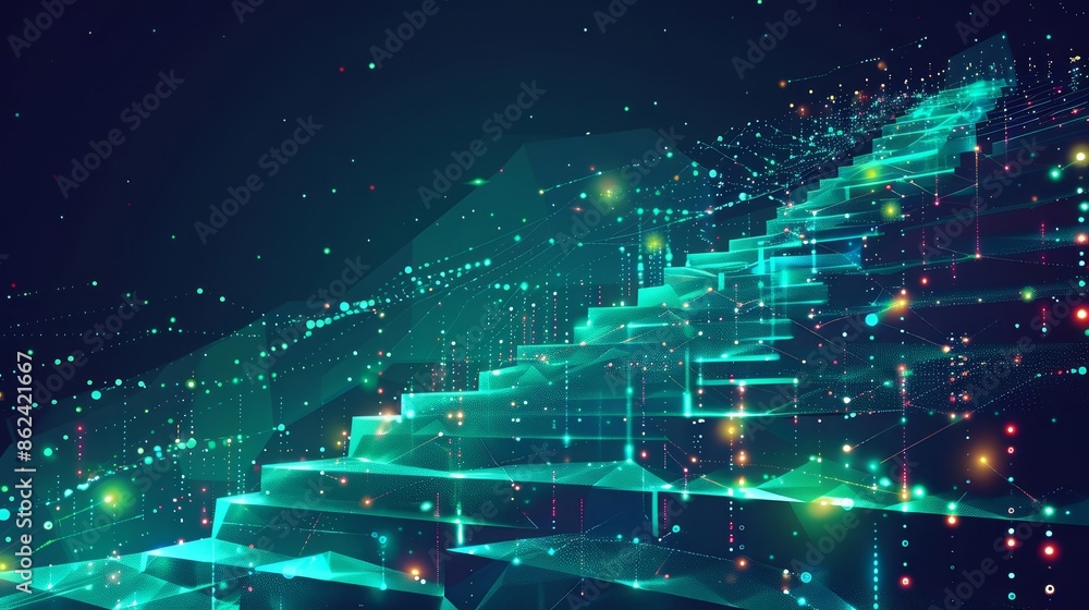 Economic growth depicted as a digital staircase, modern, green and blue ...