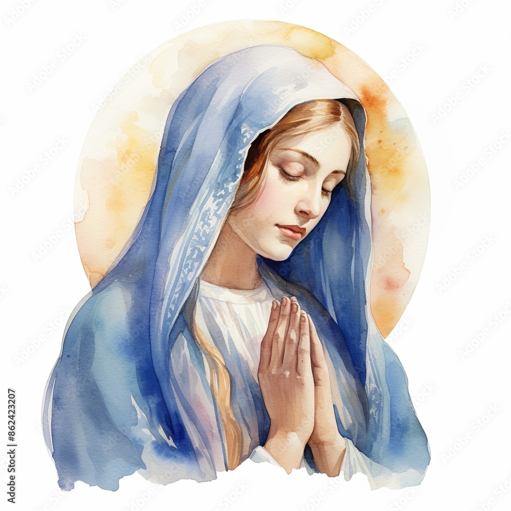 Virgin Mary praying with eyes closed watercolor clipart illustration on ...