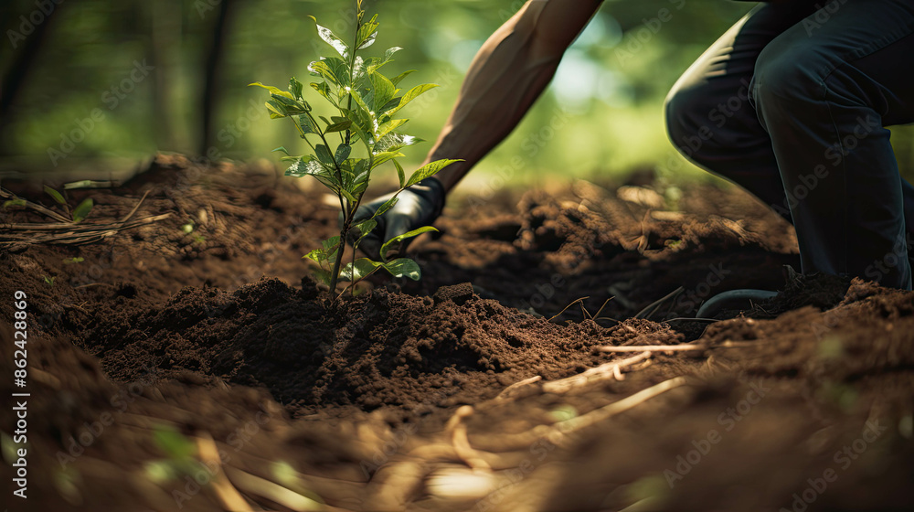 Earth Day is a man digging and planting trees to promote a greener ...