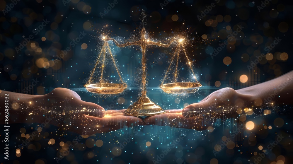 Digital hands balancing economic scales, modern, blue and gold, vector ...