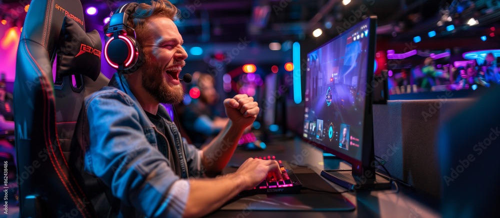 pro gamer man in headphones live streaming while playing online ...