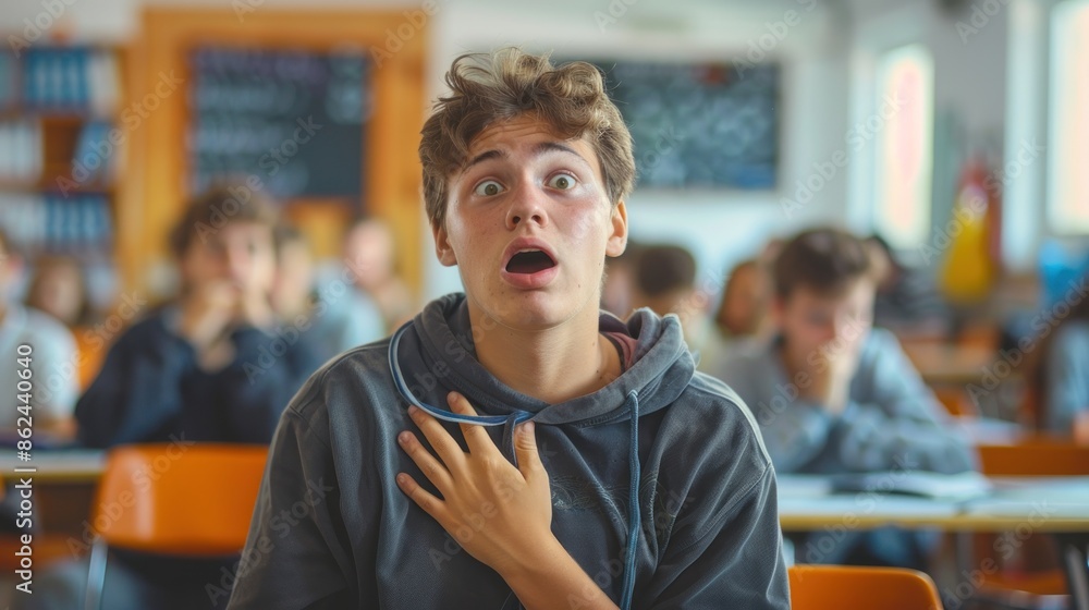 Image of a young man showing panic symptoms while in a language ...