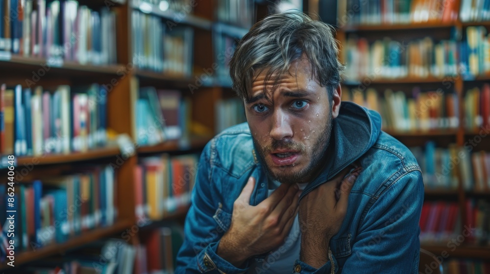 Image of a young man showing panic symptoms while sitting in a library ...