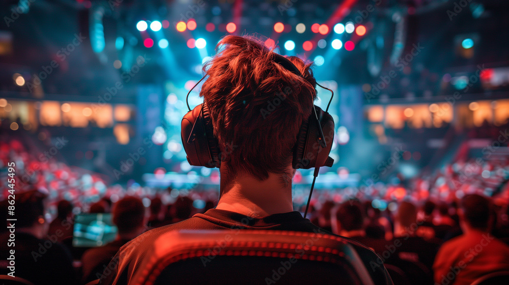 pro gamer man in headphones live streaming while playing online ...